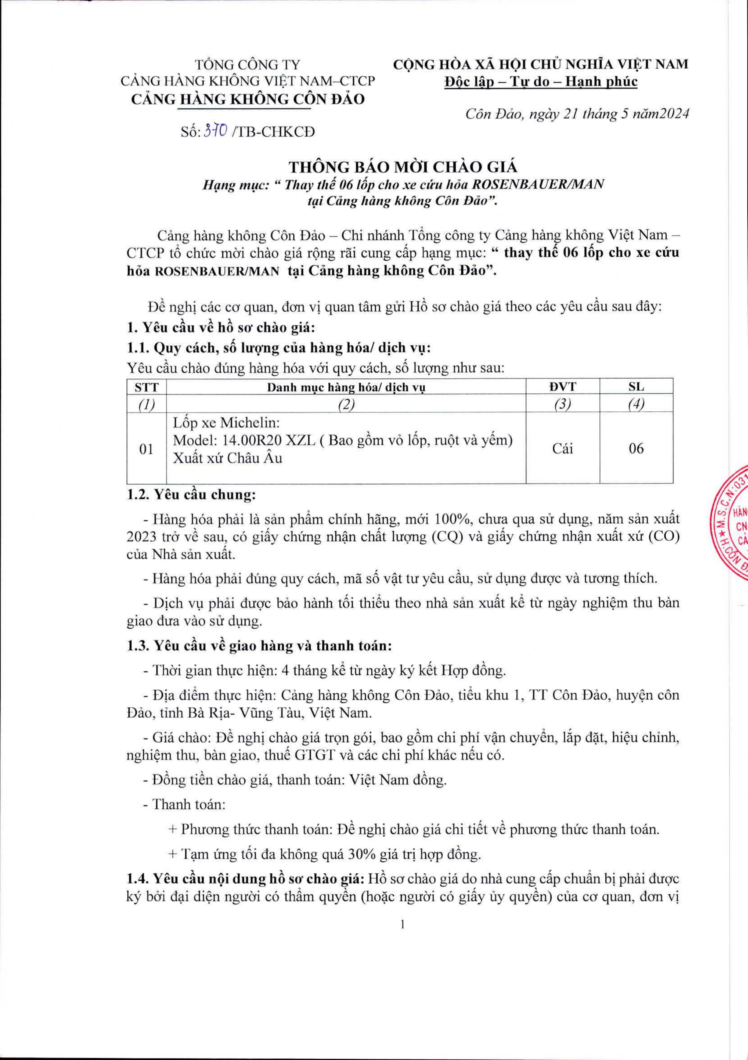 THÔNG BÁO MỜI CHÀO GIÁ Số 370/TB-CHKCĐ Hạng mục: " 06 lốp cho xe cứu hỏa ROSENBAUER.MAN tại Cảng ...